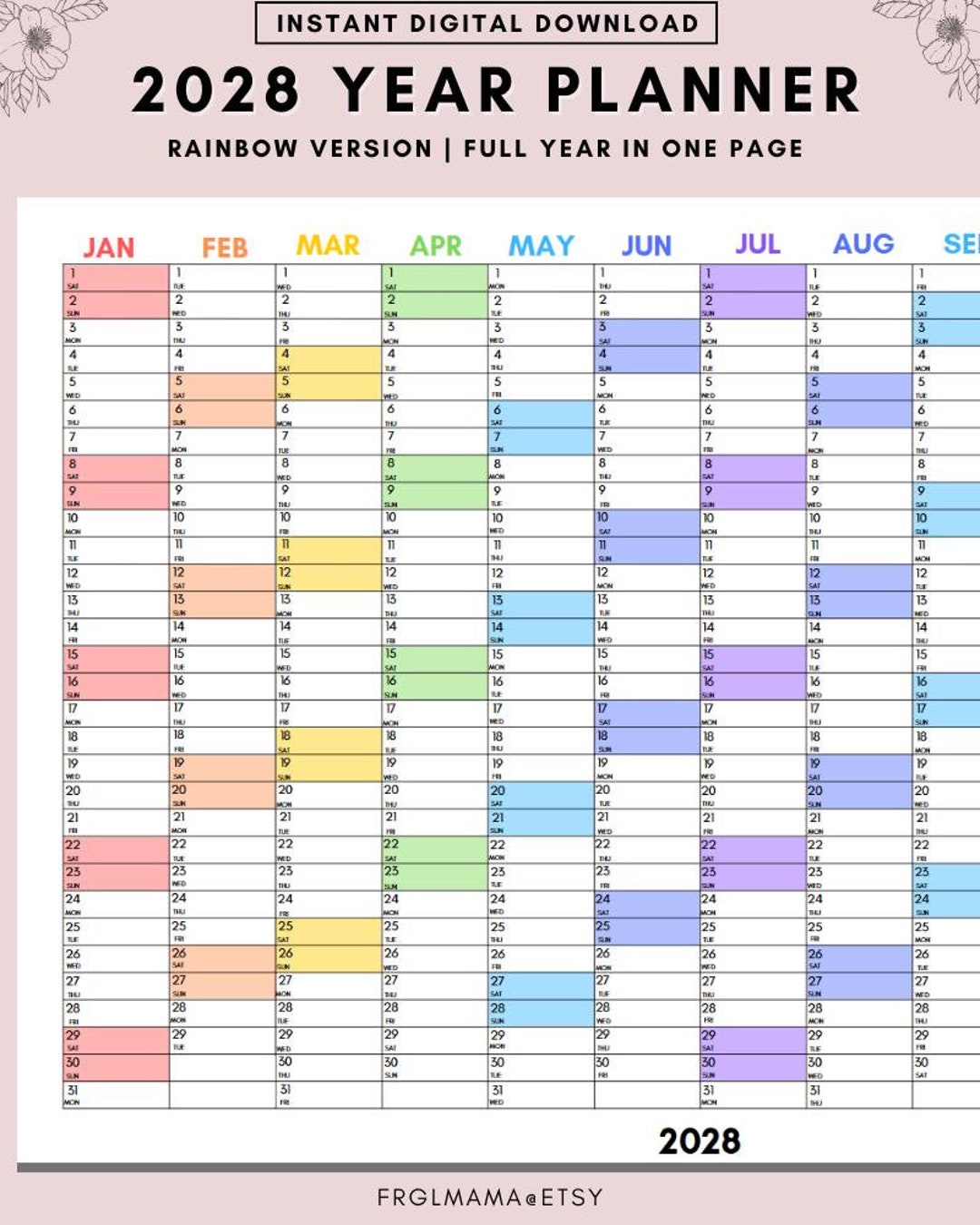 2028 Year Planner - Yearly Planner on 1 Page Landscape, Vertical ...