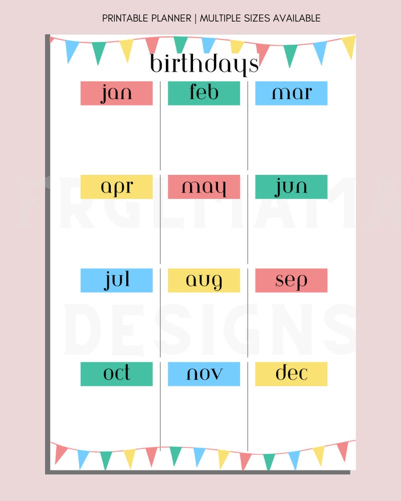 Yearly Birthday Calendar Printable: Rainbow Design (PDF Download) - Etsy