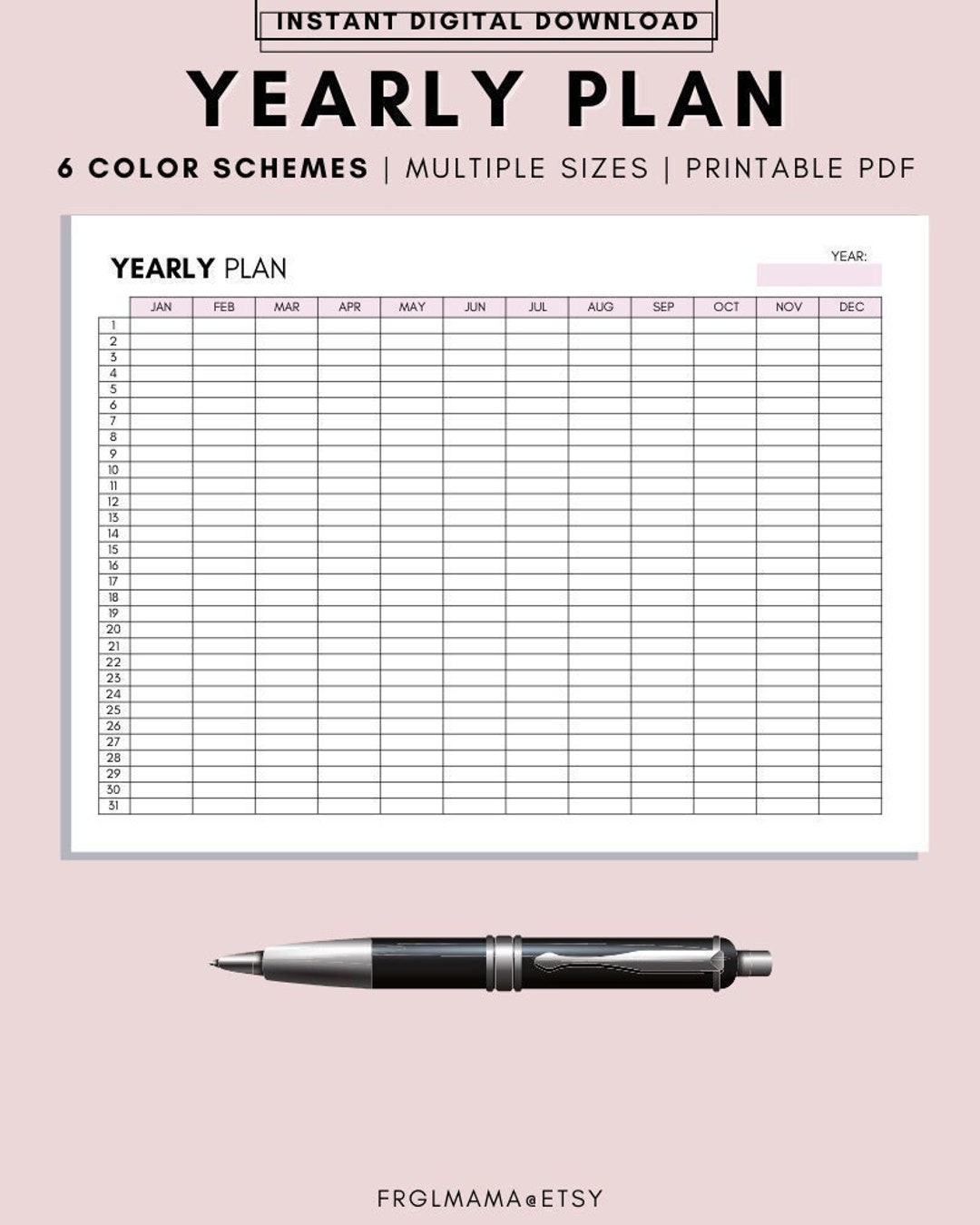Yearly Planner on 1 Page Landscape, Year at a Glance, Calendar Template ...