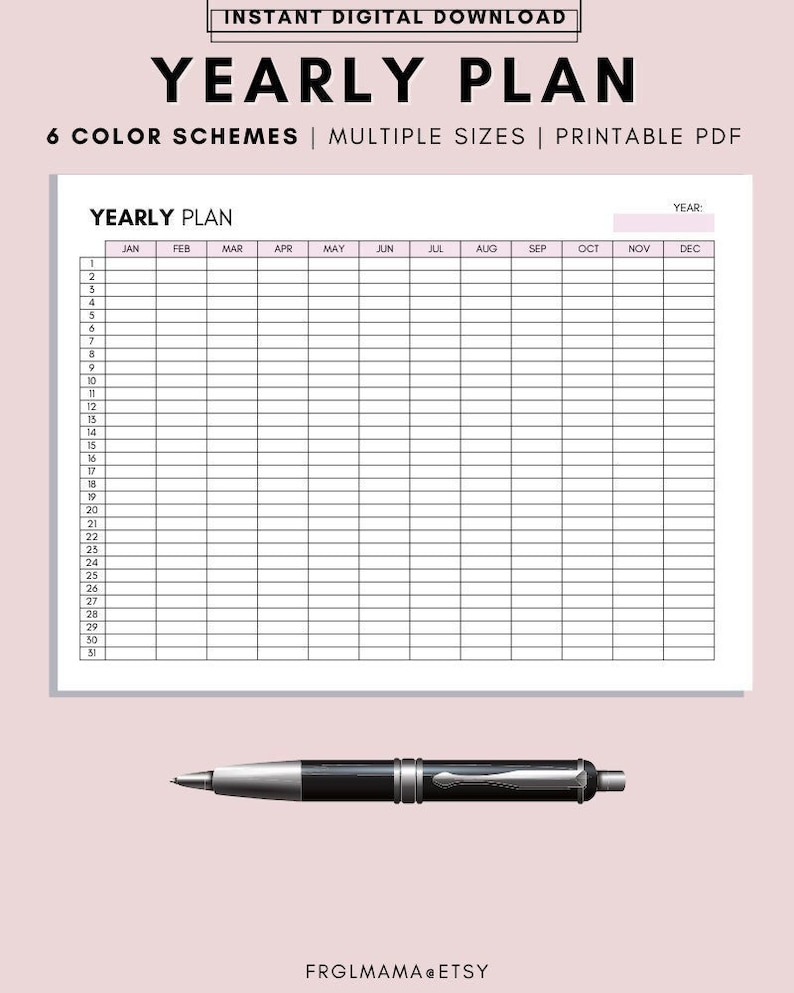 Yearly Planner on 1 Page Landscape Year at a Glance Calendar | Etsy