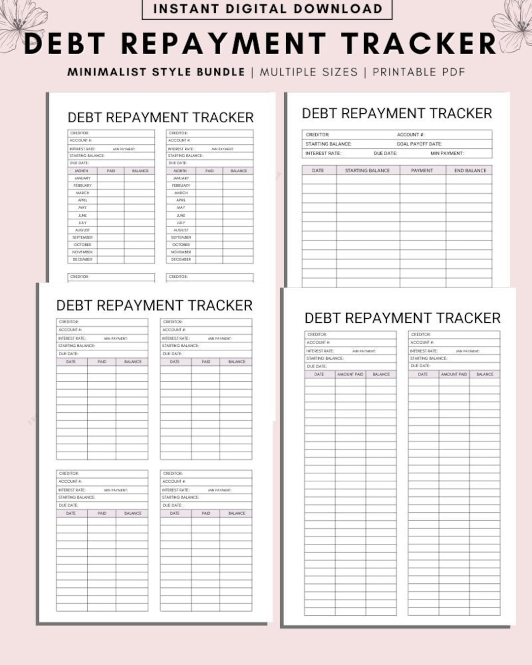 Debt Payment Tracker Printable Bundle: Minimalist Finance Planner (PDF ...