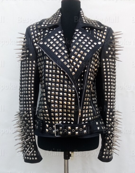 New Handmade Woman Black Punk Long Spike Full Silver Studded | Etsy