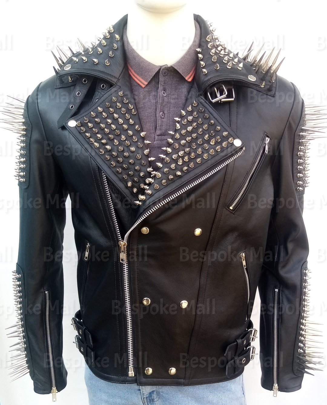 New Handmade Men Studded Leather Jacket Punk Silver Long Spiked Buttons ...