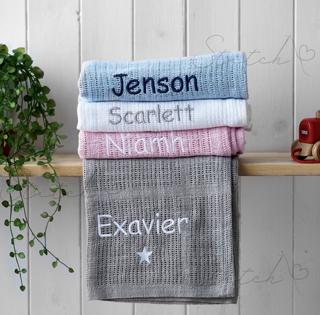 Embroidered Personalised Baby Blankets, Cellular Blanket, 100% Organic ...