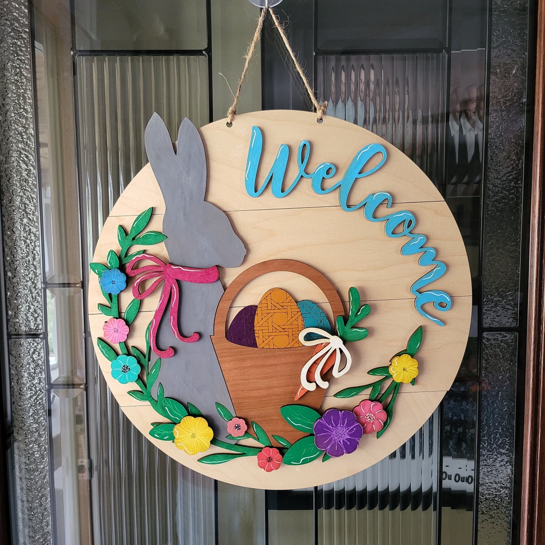 Easter Bunny Door Welcome Sign - Large Round Easter Door Decor -easter ...