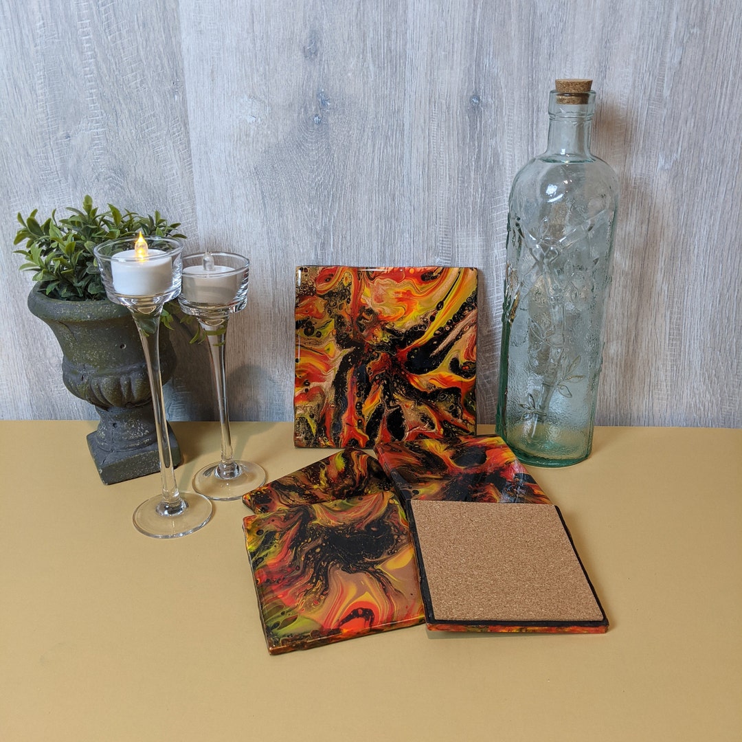 Lava Flow Paint Pour Coasters With Trivet, Resin Art Set - Etsy