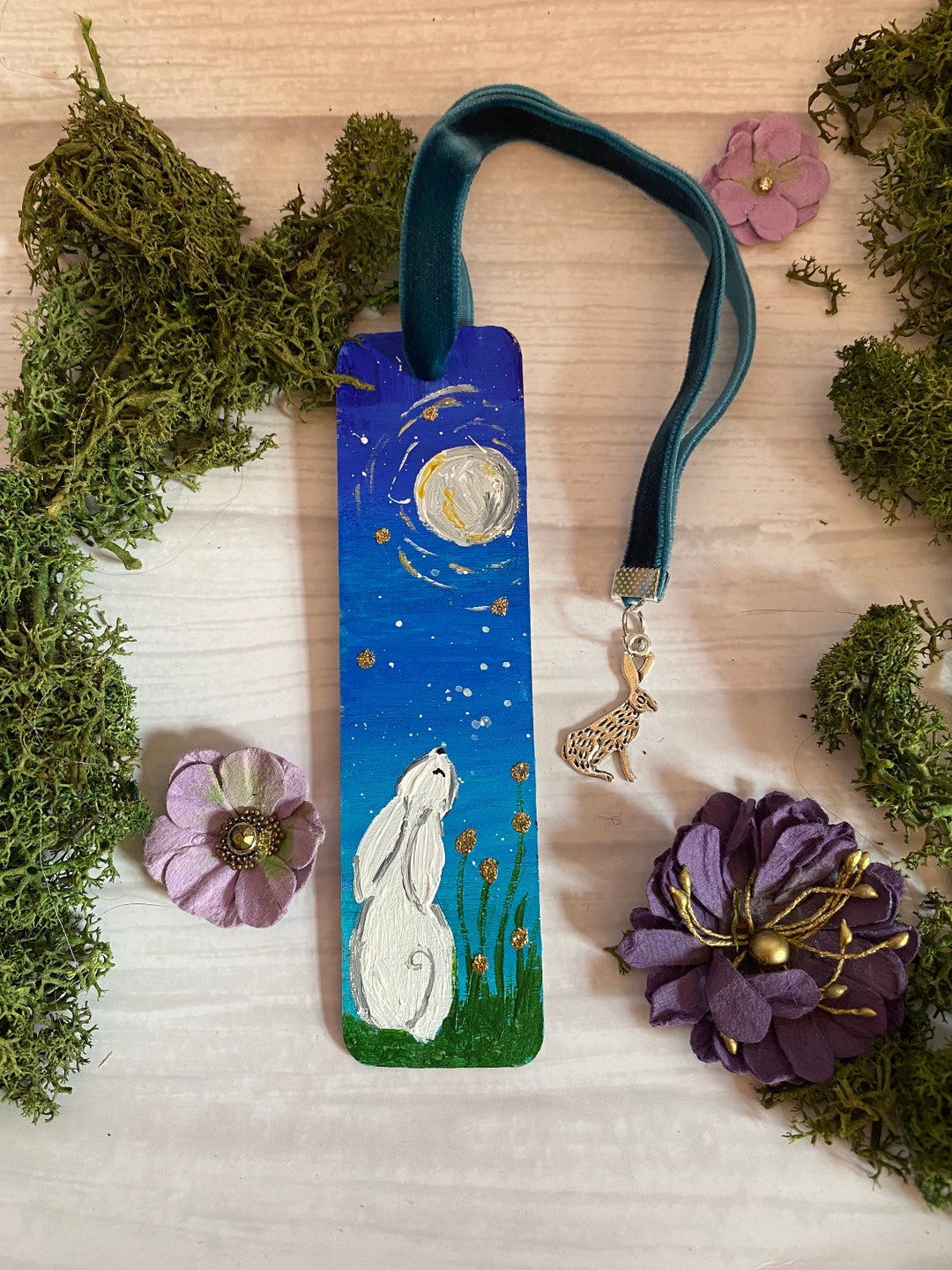 Hand Painted Pagan Celestial Hare and Starry Night Wooden Bookmark With ...