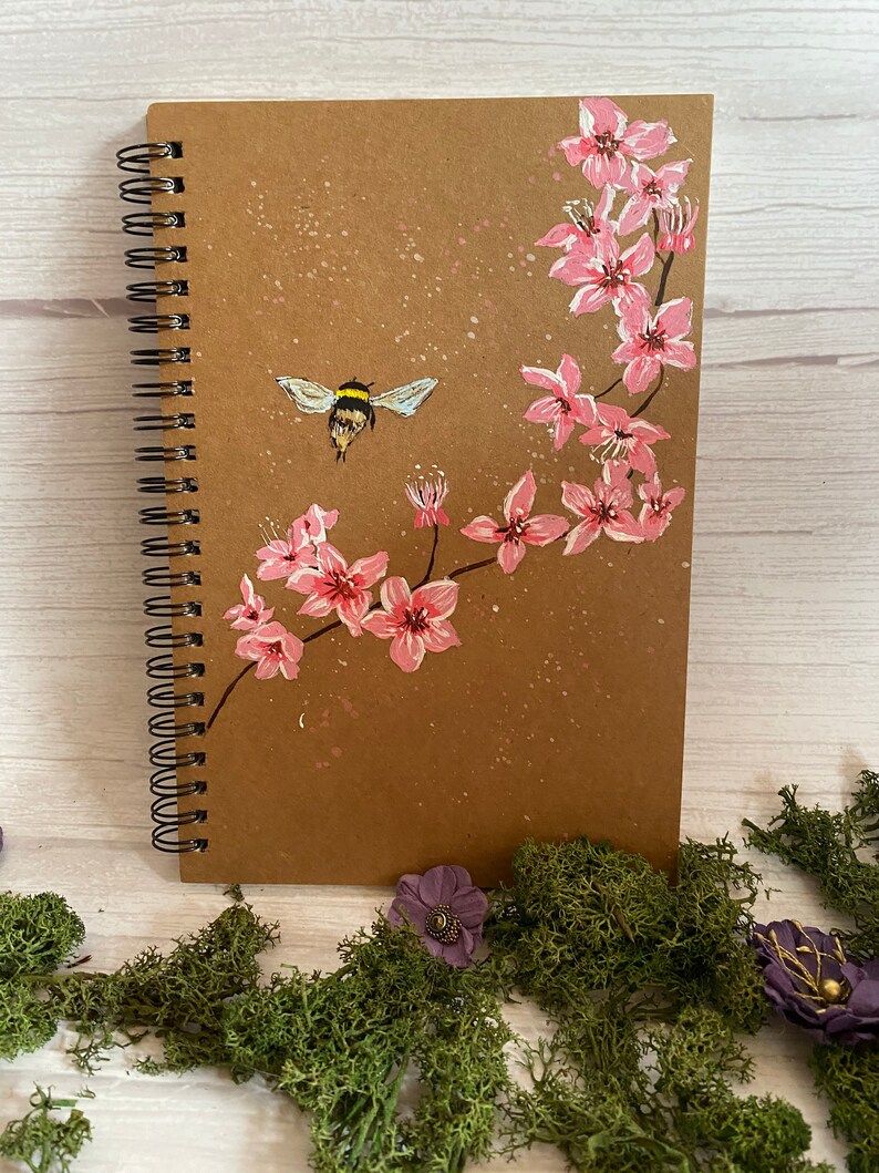 A5 Spiral Bound Hand Painted Cherry Blossom Bee Notebook/ - Etsy