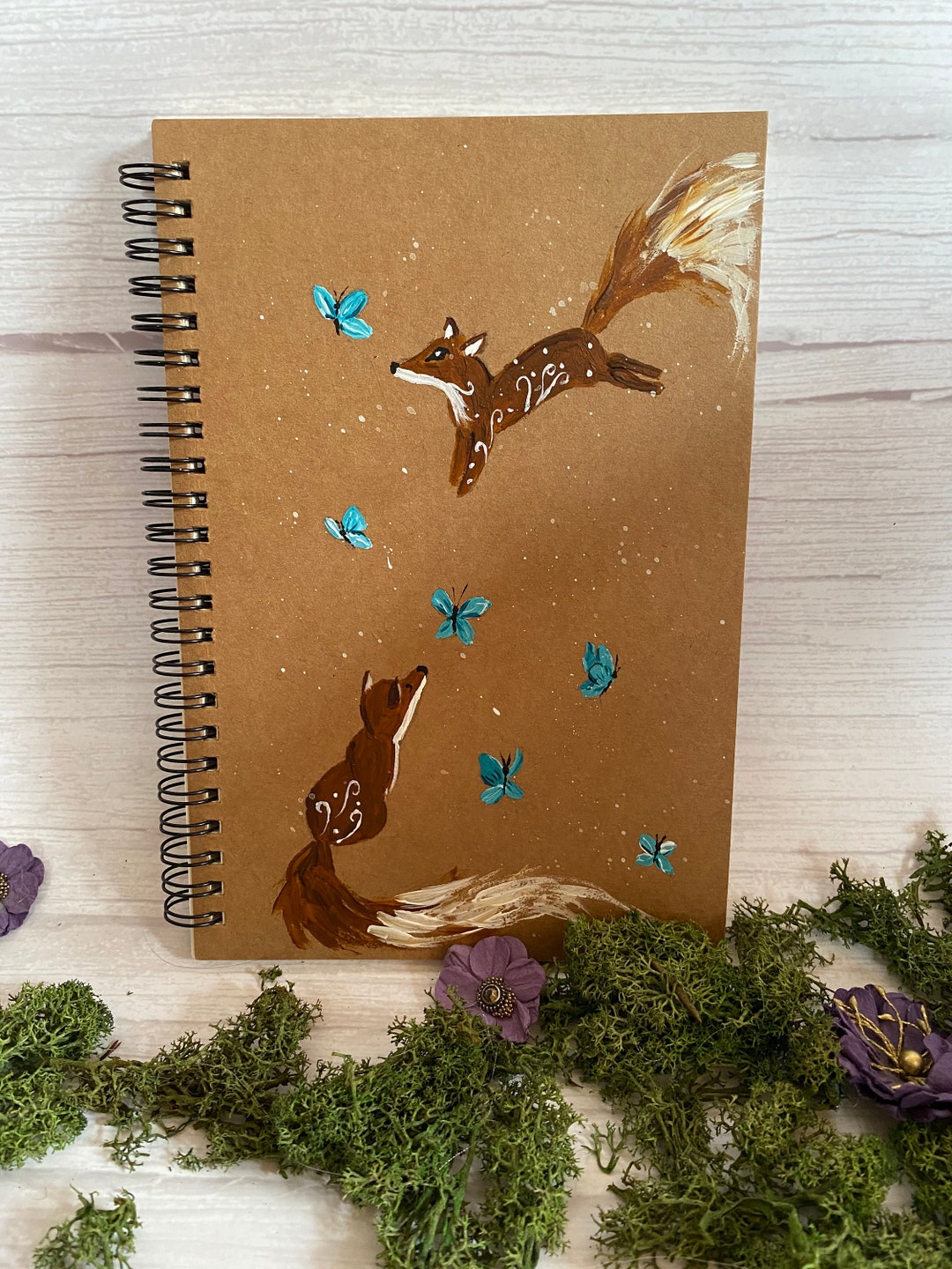 Hand Painted Fantasy Foxes and Blue Butterfly A5 Spiral Bound Notebook/ Journal/ Sketchbook ...
