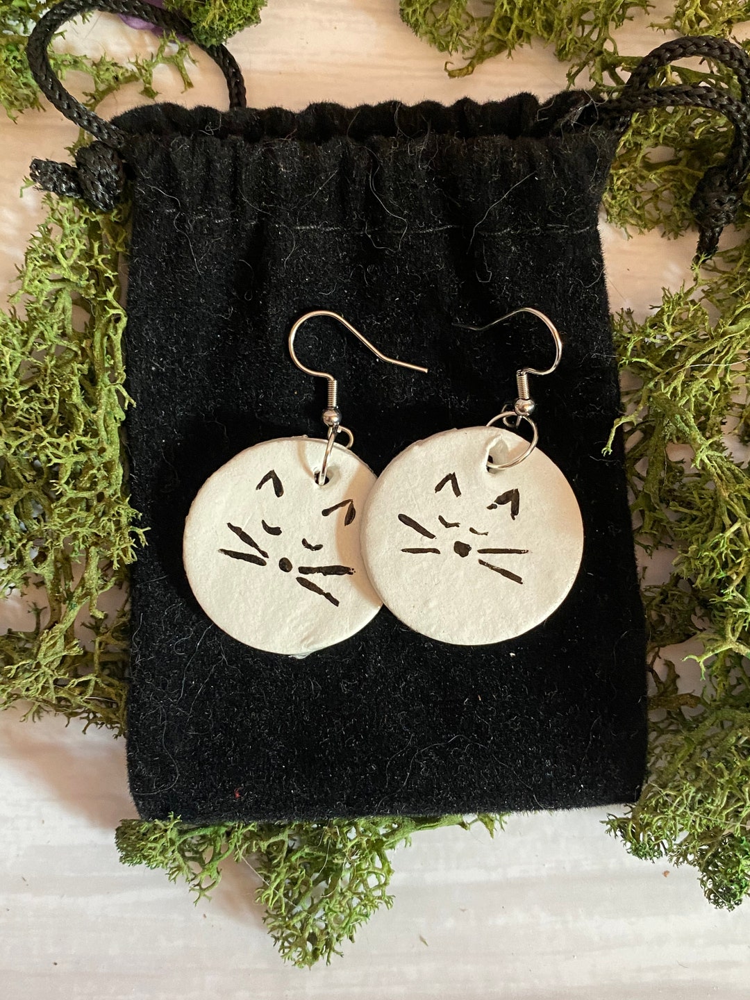 Hand Painted Handmade Clay Cat Face Circle Dangle Earrings - Etsy UK