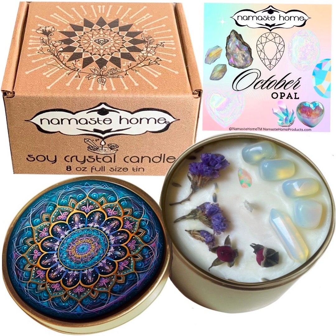 October Birthstone Candle Adorned With Genuine Opal and Opalite ...