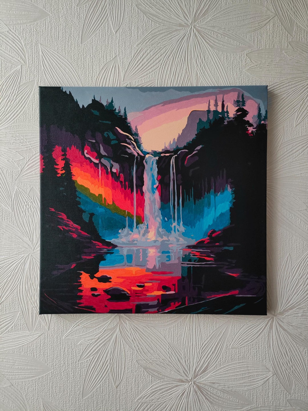 Rainbow Waterfall Painting on Canvas 16x16 Inches Frame 40x40 Cm ...