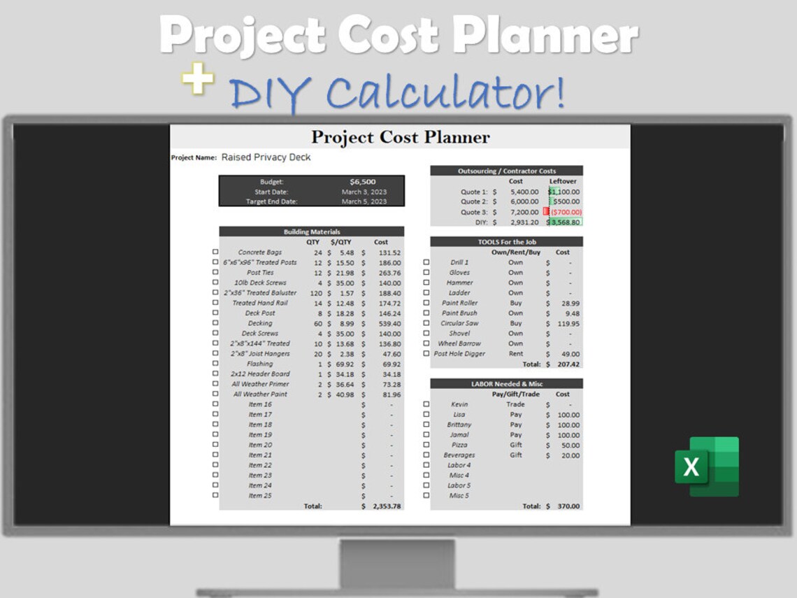 Project Cost Planner and DIY Calculator This Spreadsheet Will Help You ...