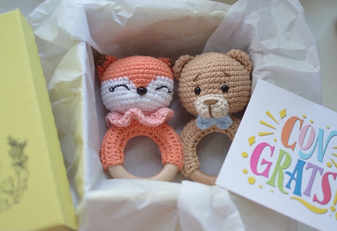 Twins Baby Gift Set With Teddy Fox Rattle, Twin Mom Gifts, Twins ...