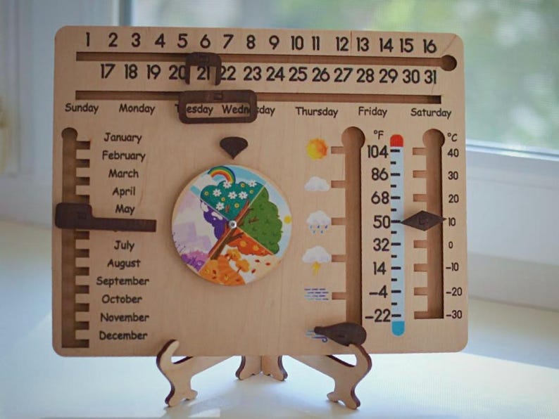 Wooden Montessori Perpetual Calendar Weather, Seasons, Days Temperature ...