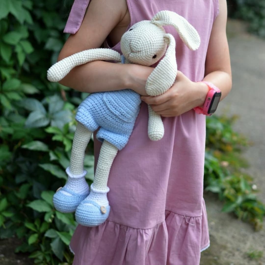 Bunny, Crochet Long Legs Rabbit With Salopette Overall, Crochet Toy for ...