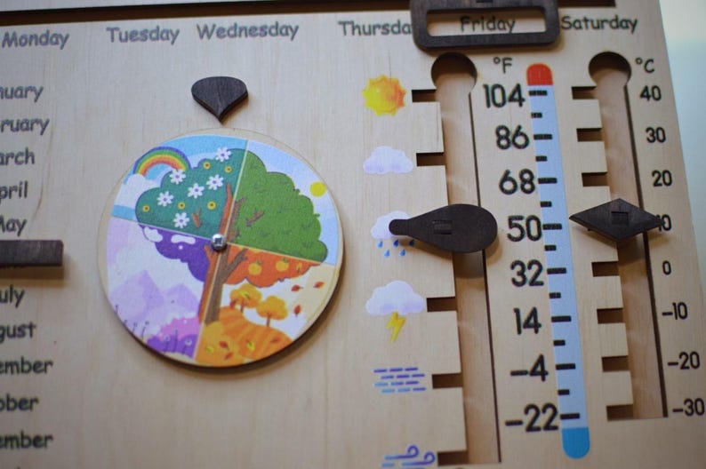 Wooden Montessori Perpetual Calendar Weather, Seasons, Days Temperature ...