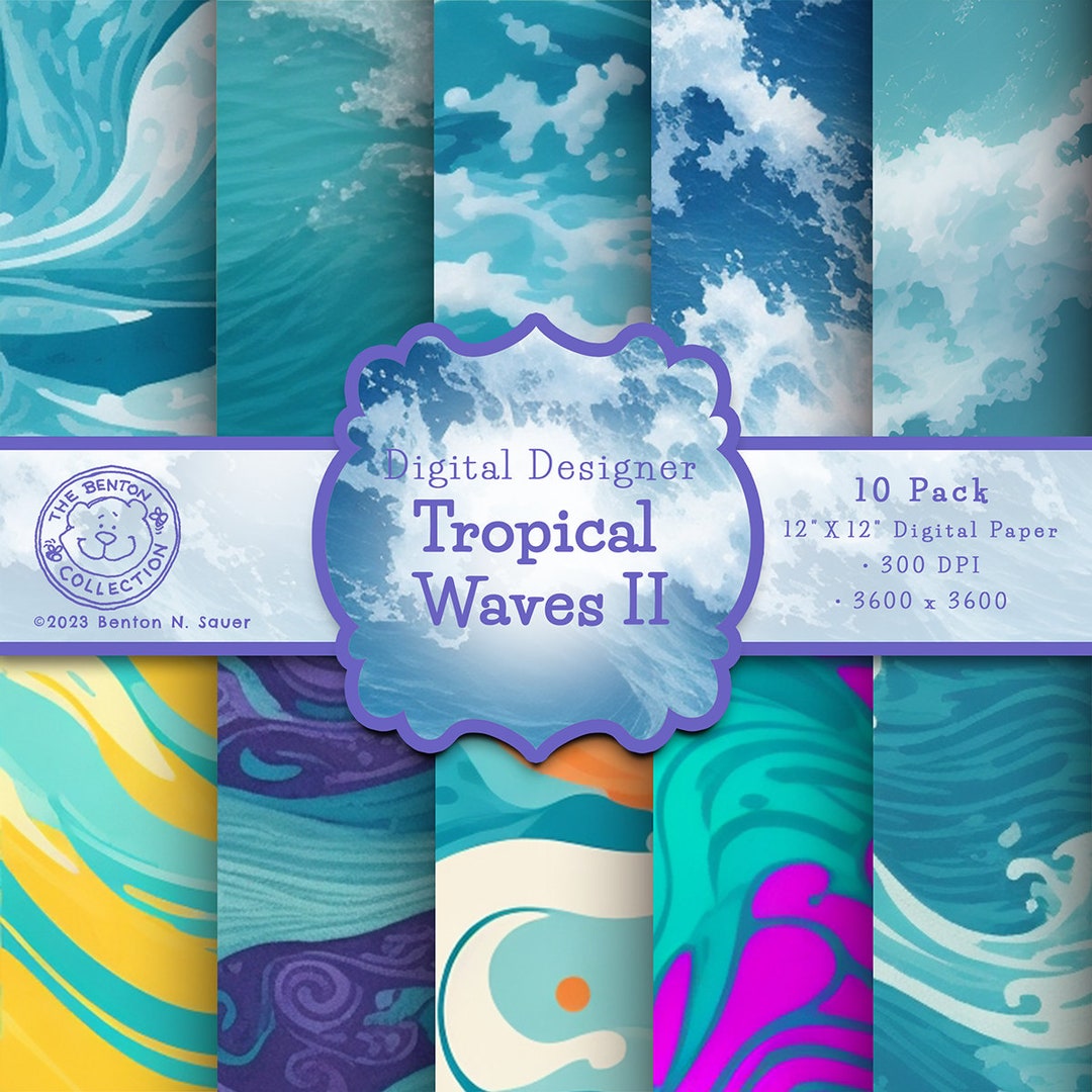 Water Waves Digital Paper, Tropical Waves II Designer Paper, Scrapbook ...