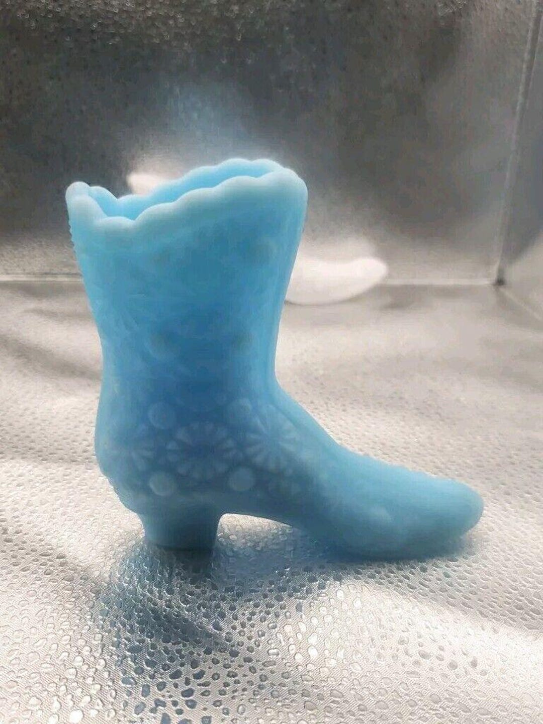Fenton Satin Custard Blue Daisy and Button Glass Boot - Vintage ...