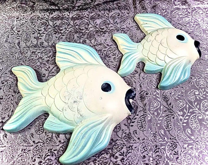 Rare Vintage Chalkware Fish Plaque Set 1950s Iridescent Aqua Blue Color ...