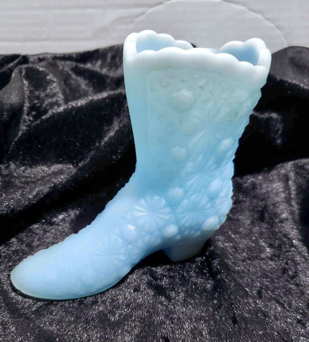 Fenton Satin Custard Blue Daisy and Button Glass Boot Vintage ...