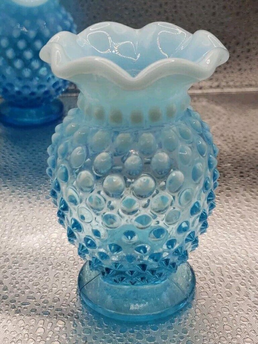 Vintage Fenton Glass Sky Aqua Blue Opal Crest Miniature Vase in Hobnail ...