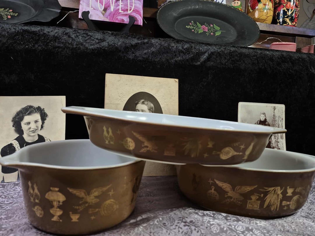 Vintage Pyrex Early American Set 22k Gold on Brown 2 Casserole Retro ...