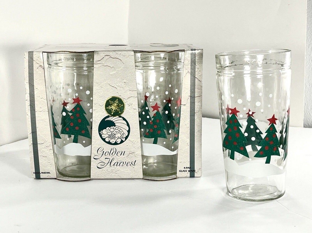 Vintage Holiday Glassware 16oz Christmas Tree Tumblers 4 Glasses Anchor ...