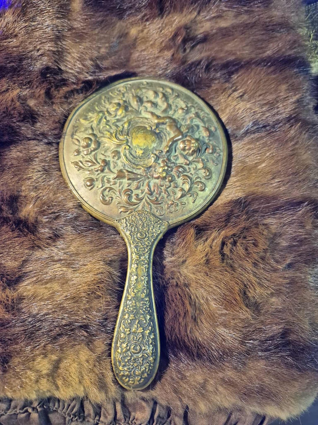 Antique Victorian Vanity Hand Mirror With Ornate Hammered Brass Handle ...