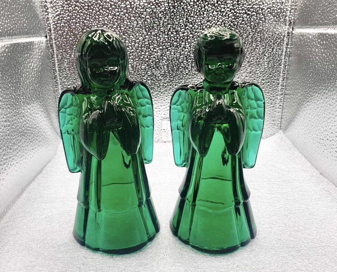 Vintage Fenton Glass Emerald Green Angel PAIR Boy & Girl 1990s Figurine ...