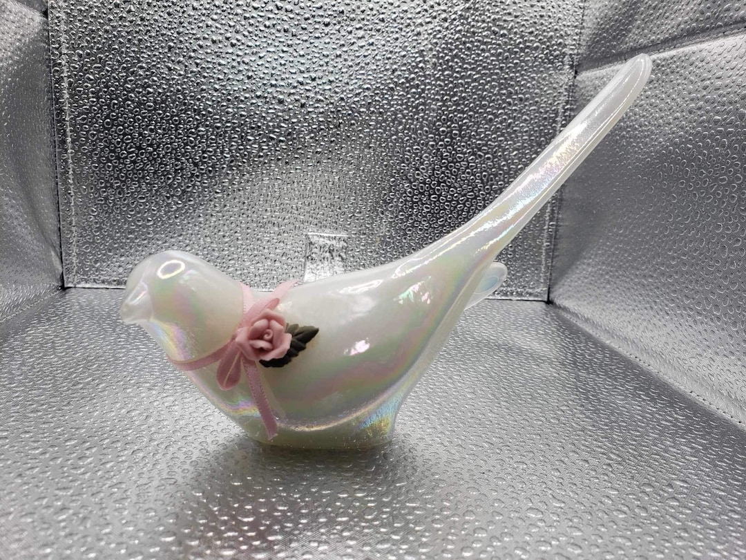 Vintage Rare Fenton Bird of Happiness Mother of Pearl White Glass W ...