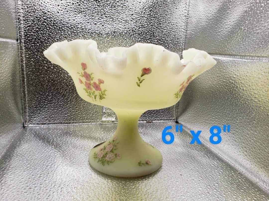 Vintage Fenton Glowing Satin With Pink Blossoms on Custard Glass ...