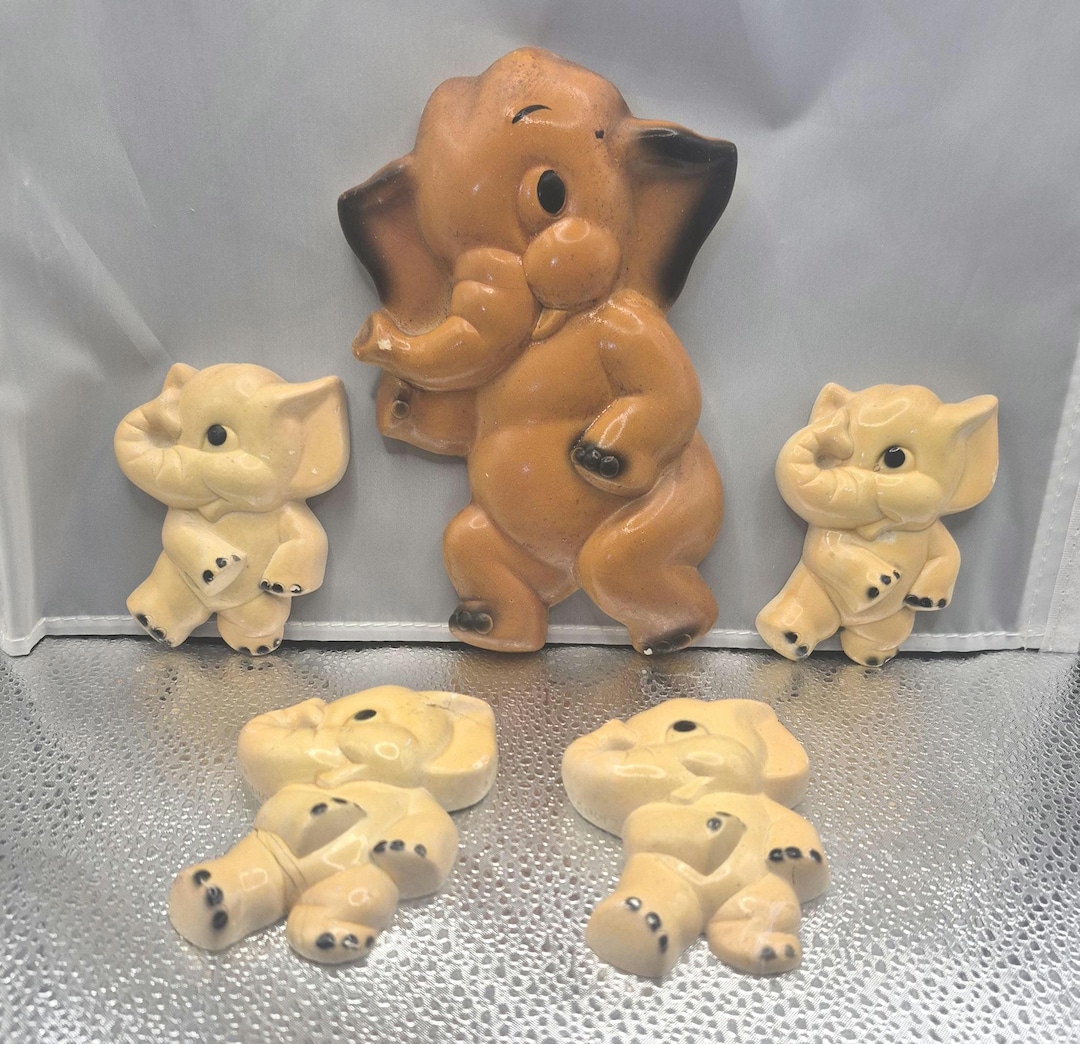 Retro Vintage Chalkware Happy 5 Dancing Elephant Family 4 Babies and ...