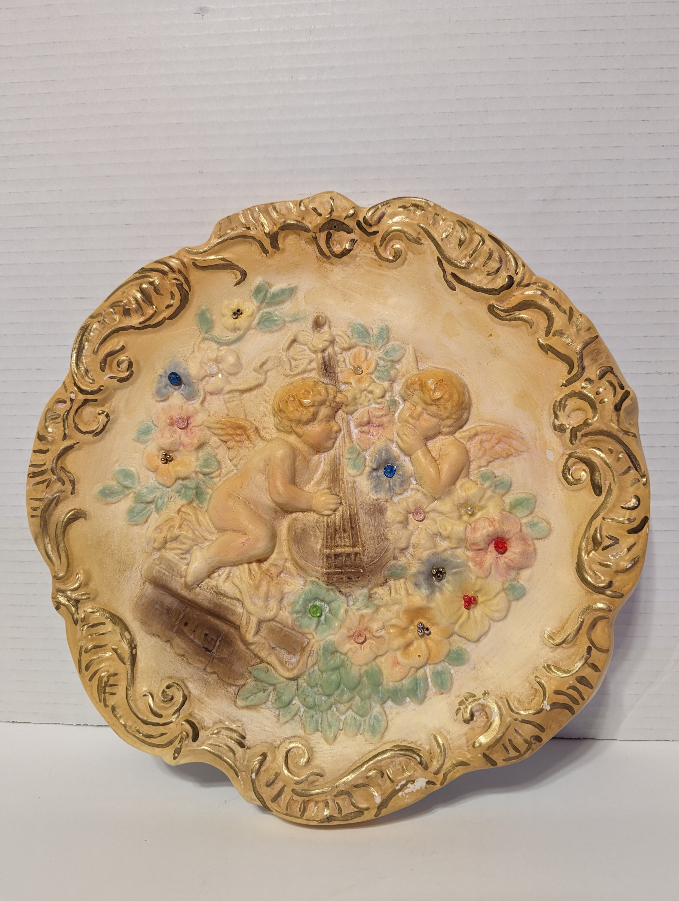 Victorian Style Decor Cherub Wall Plaque Chalkware Very Pretty Piece Elegantly Hand Painted ...