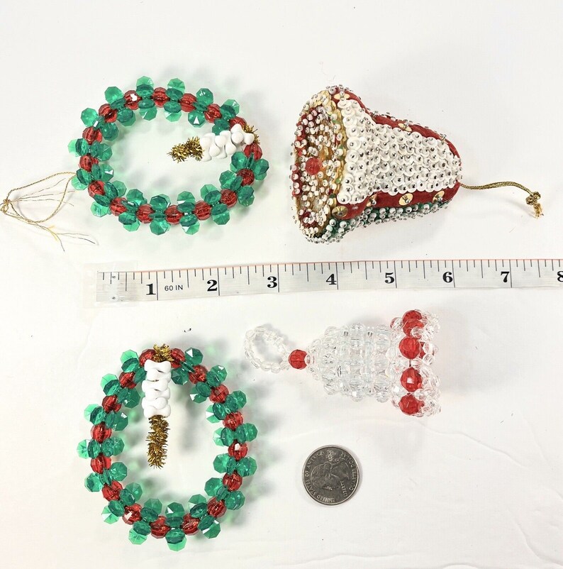 4 Vintage 1960s Beaded Push Pin & Sequin Christmas Ornaments Hand Made ... 4 Vintage 1960s Beaded Push Pin & Sequin Christmas Ornaments Hand Made ...