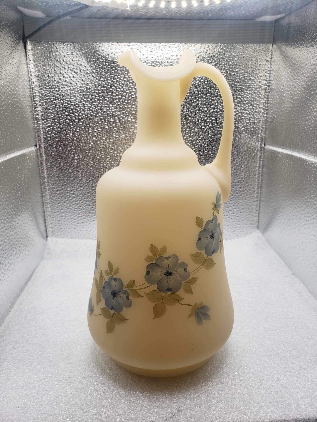 Vintage Fenton Glass Blue Dogwood on Cameo Decorative Pitcher W ...