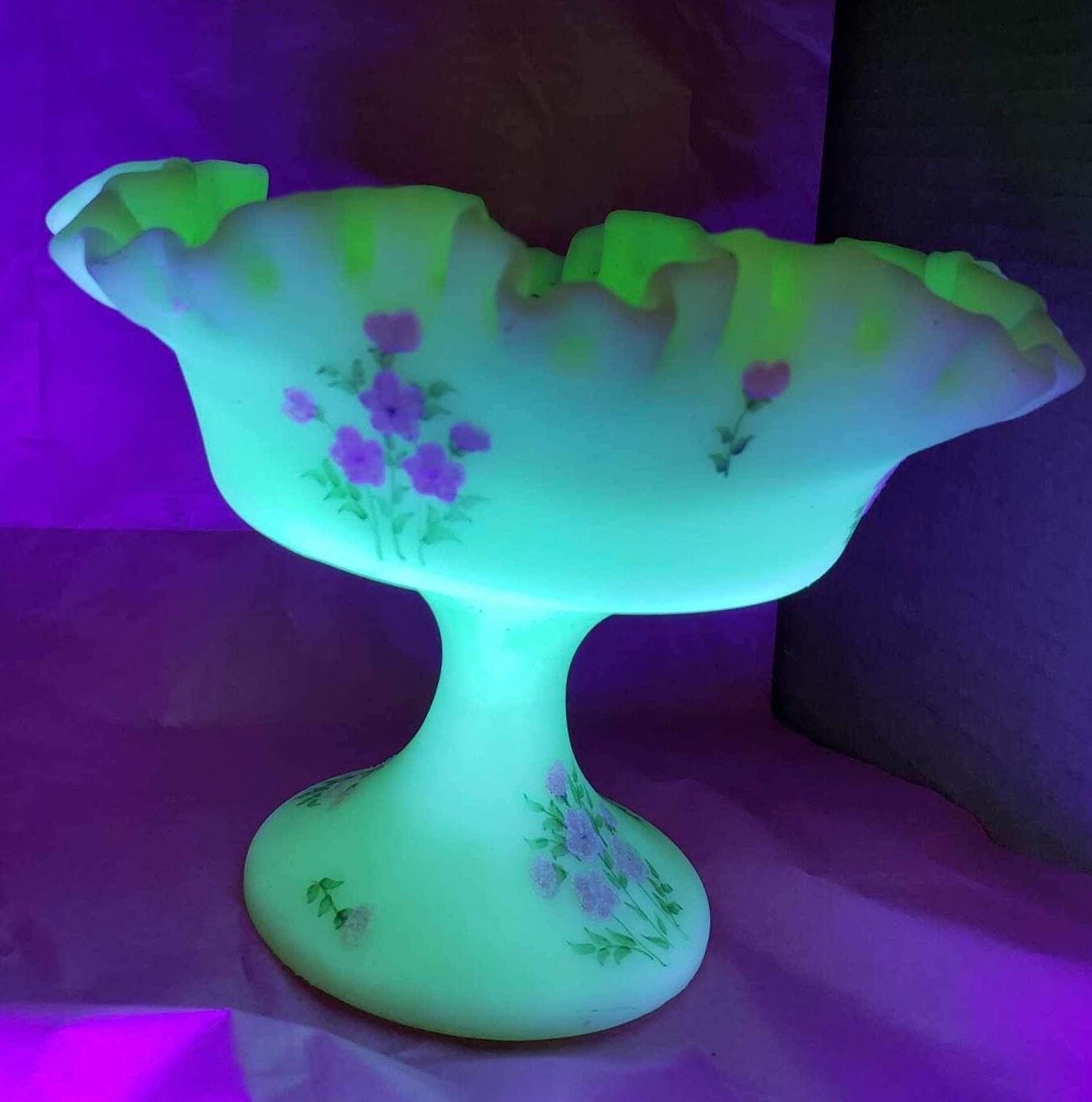 Vintage Fenton Glowing Satin With Pink Blossoms on Custard Glass ...