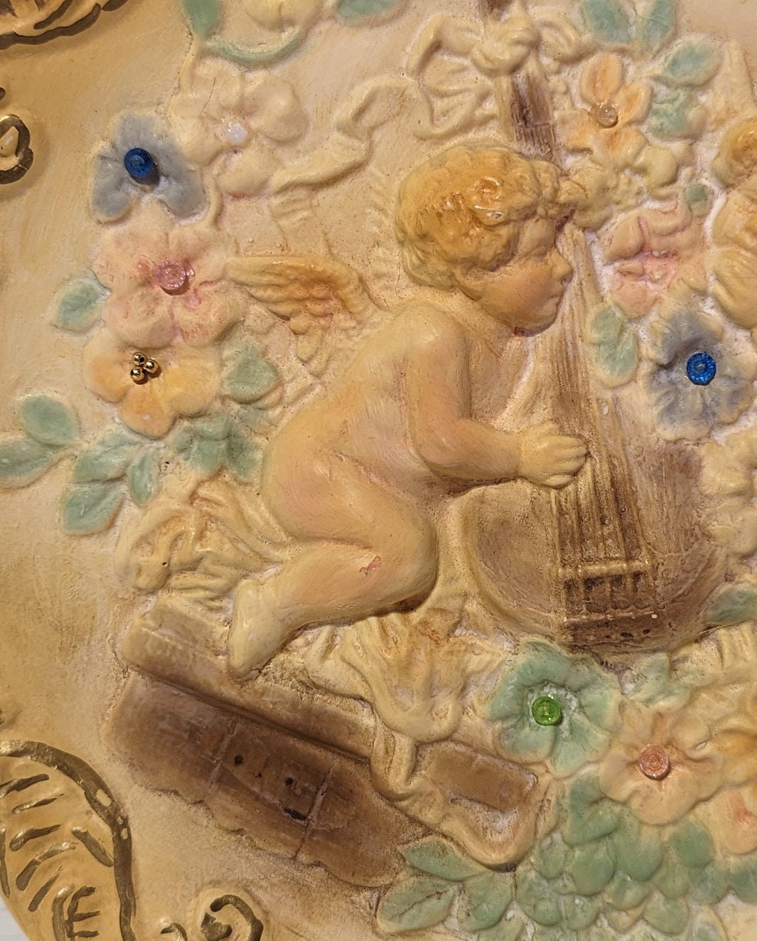 Victorian Style Decor Cherub Wall Plaque Chalkware Very Pretty Piece Elegantly Hand Painted ...