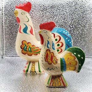 Vintage Swedish Dala Wood Carved Rooster Pair 1950s 6 & 4 Hand Painted ...