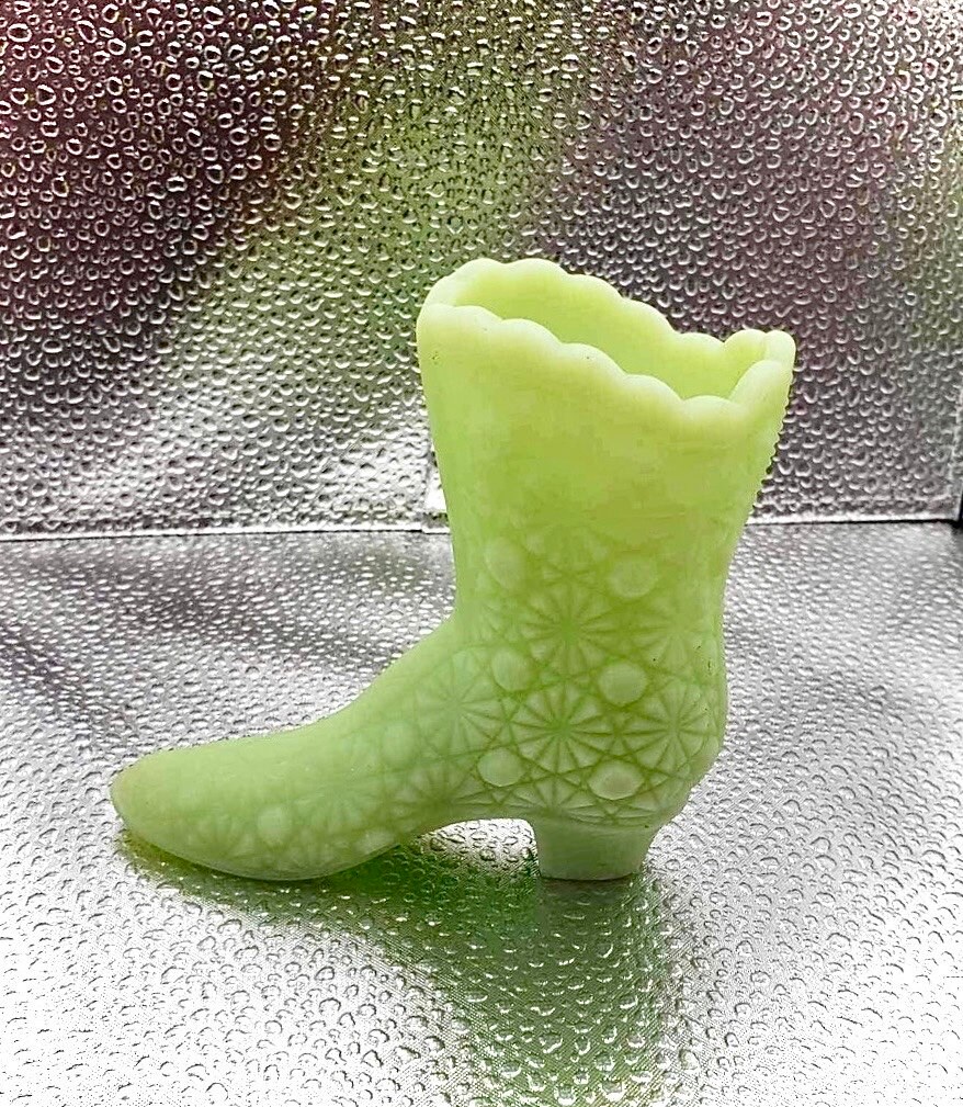 Collectible Vintage Fenton Glowing Uranium Custard Glass Boot in Classic Daisy & Buttons Pattern ...