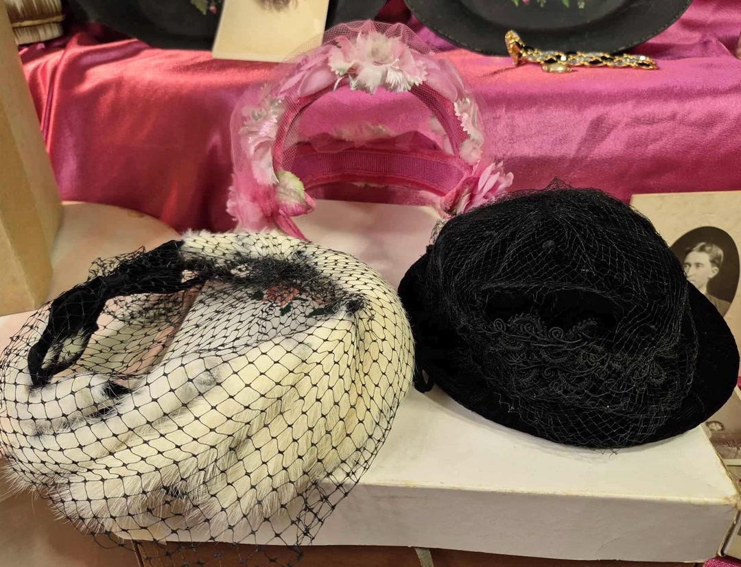 Vintage Hats - White Rabbit Fur Halo Hat W Black Netting, 1920s Flapper ...