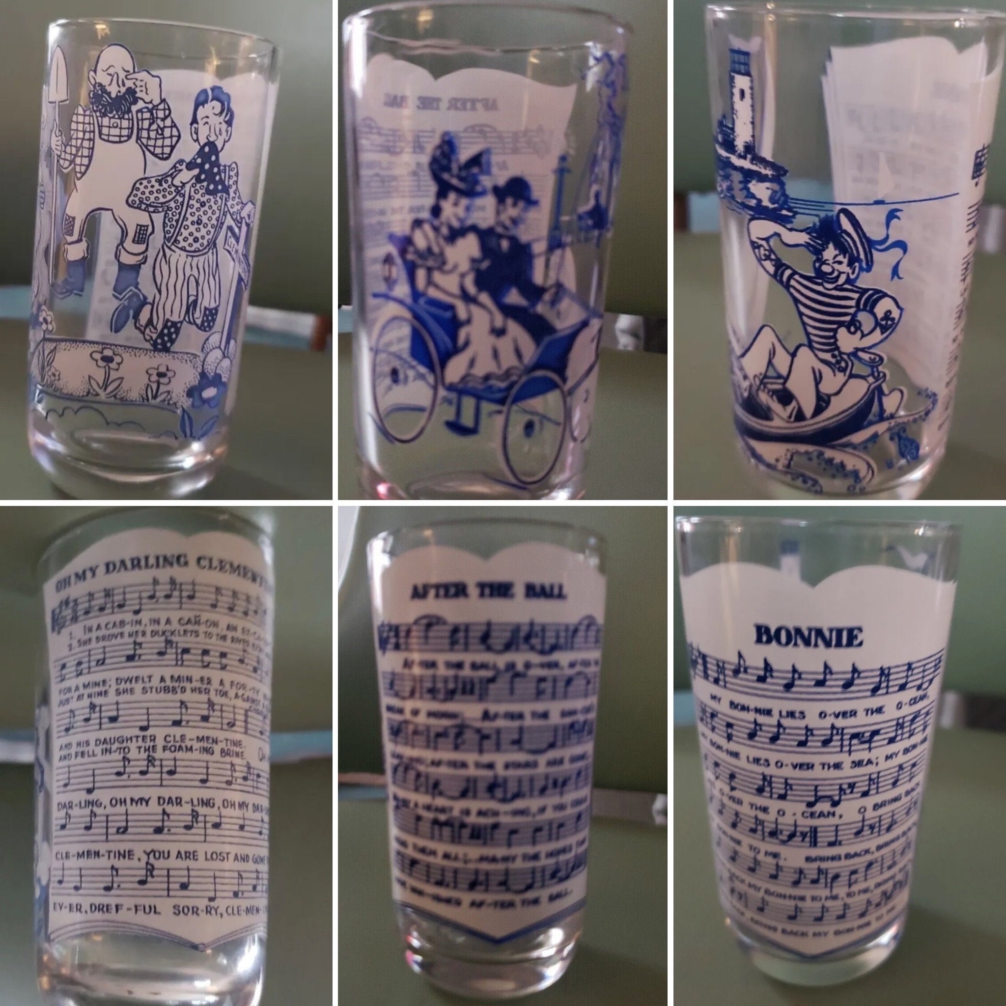 1950s Vintage Hazel Atlas Song Glasses Collectible Blue Retro Glassware ...