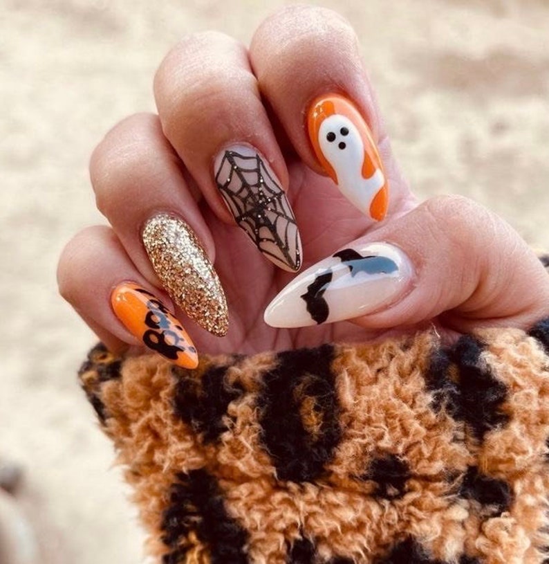 Orange Nails| Halloween Nails | Spiderwebs Nails | Fake Nails | Glue on ...