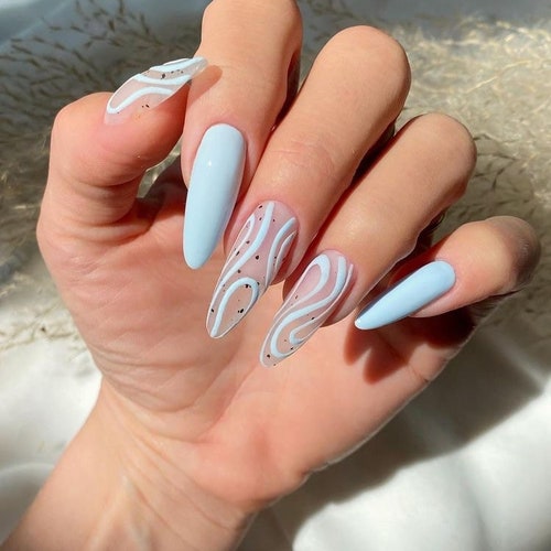 Blue Nails Design Fake Nails Glue on Nails Press on - Etsy