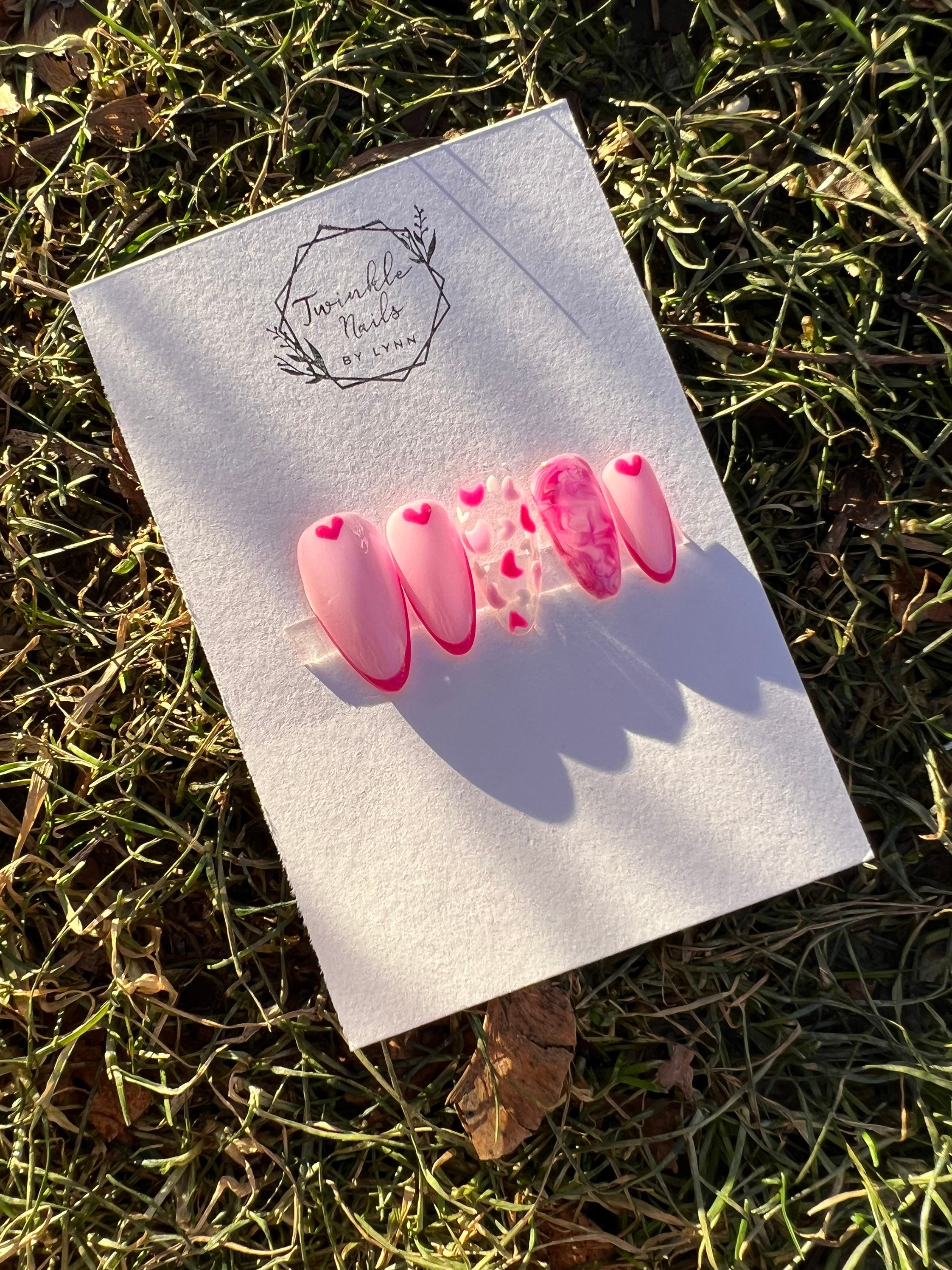Pink Valentines Nails | Marble Nails | Hearts Design | Fake Nails ...