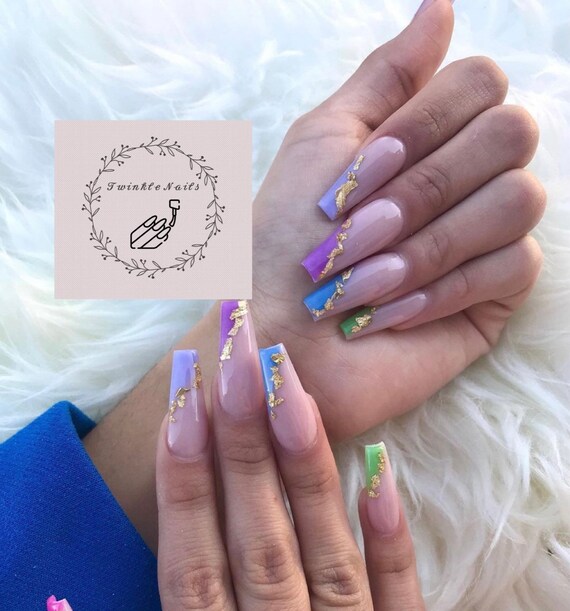 Colorful Tip Nails With Gold Flakes Nail Prep Kit INCLUDED | Etsy