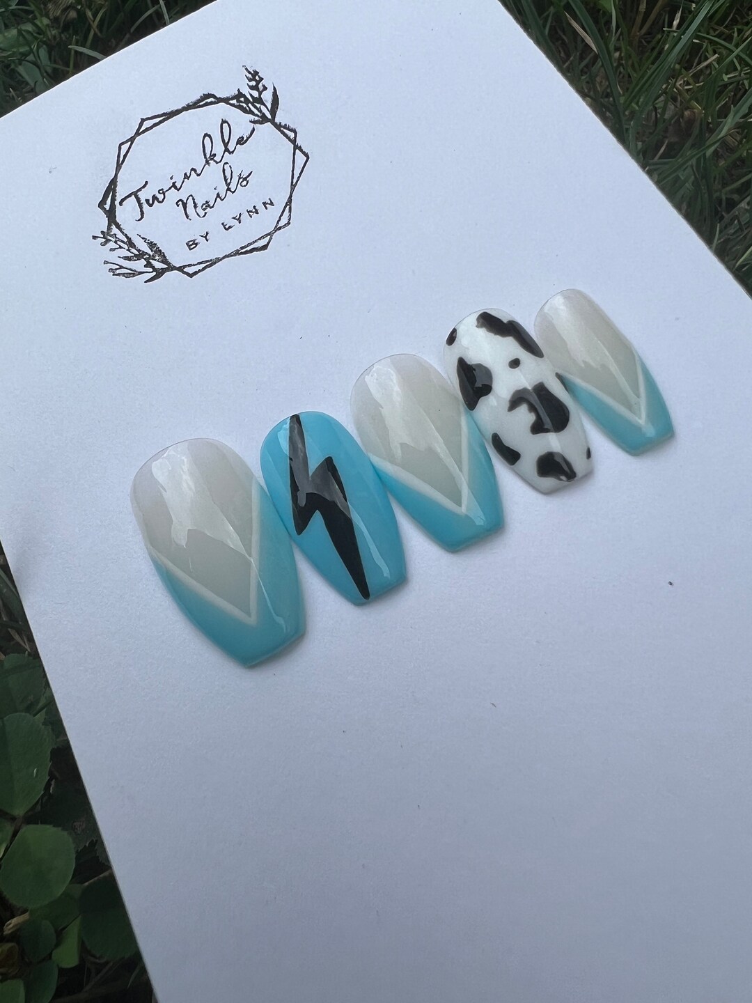 Blue Cow Print Nails and Design | Fake Nails | Press on Nails | Glue on ...