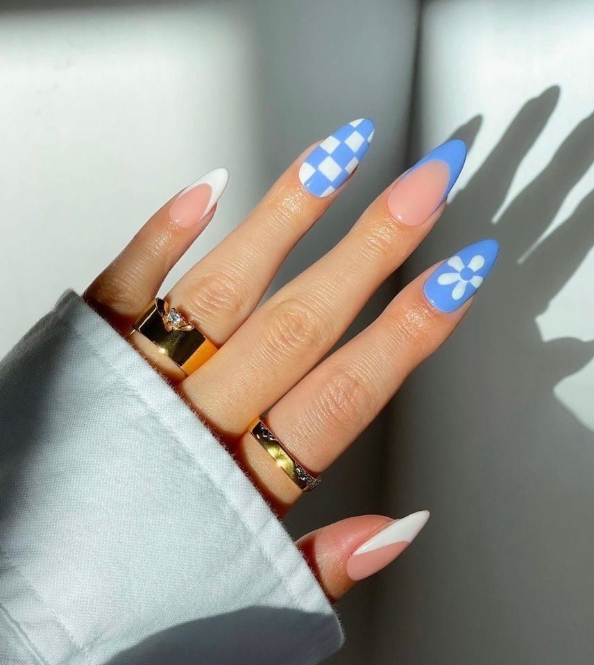 Blue Nails Design Fake Nails Glue on Nails Press on - Etsy