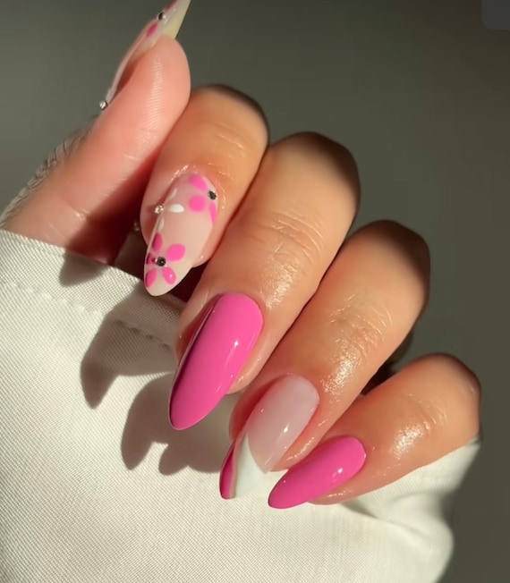 Pink Nails With Flowers Design Fake Nails Glue on Nails - Etsy