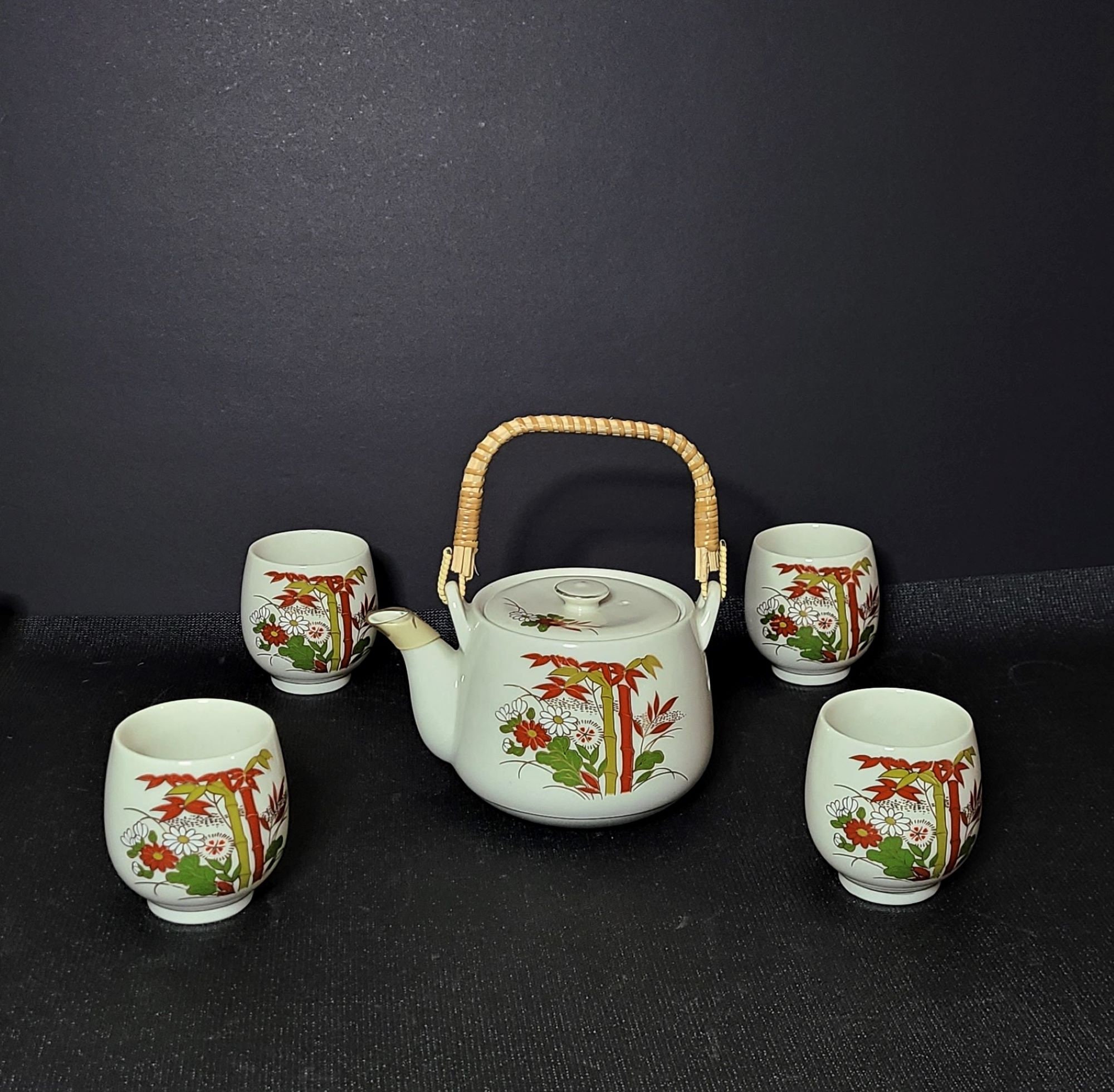 Mint Oriental Tea Set With Bamboo Design Wicker Handle and 4 - Etsy.de